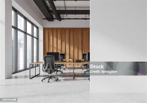 모형을 위한 빈 흰색 벽이 있는 현대적인 사무실 인테리어 3d 렌더링 0명에 대한 스톡 사진 및 기타 이미지 0명 3차원 형태 가구 Istock