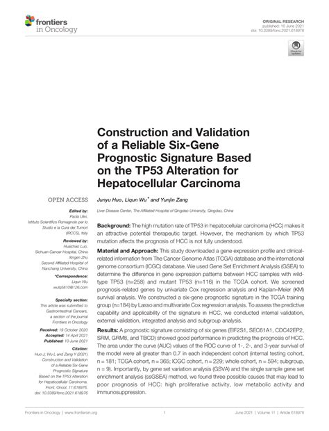 Pdf Construction And Validation Of A Reliable Six Gene Prognostic Signature Based On The Tp53