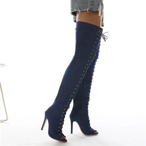 Hollow Out Peep Toe T Tied Stiletto High Heels Over The Knee Boots