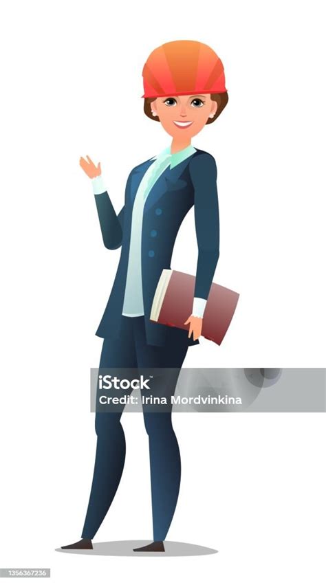 양복과 보호 헬멧을 착용한 여성 엔지니어 건설 현장에서 사무실 소녀 쾌활한 사람 스탠딩 포즈 단일 캐릭터 만화 만화 스타일 그림 격리 된 흰색 배경 벡터 개념에 대한 스톡