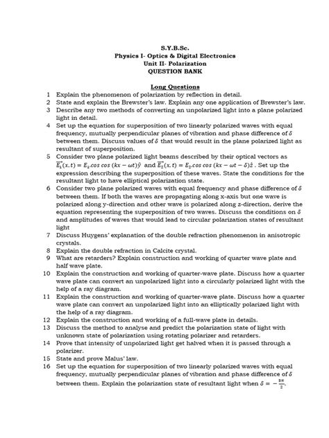 Sybsc Sem Iv Question Bank Physics I Unit Ii And Iii Pdf