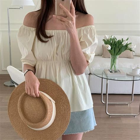 여자 오프숄더 벌룬 소매 투웨이 셔링 반팔 블라우스