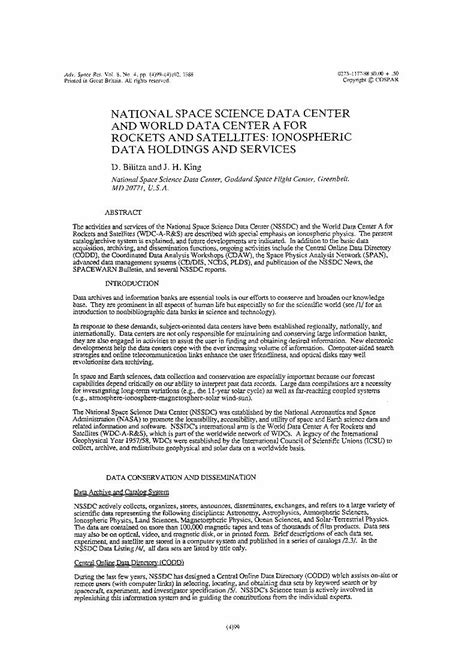 Pdf National Space Science Data Center And World Data Center A For