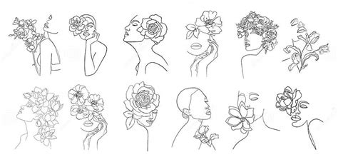 Conjunto De Retratos Con Flor Simple Ilustración Vectorial Minimalista