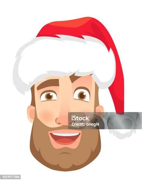 산타 클로스 모자에 남자의 머리 남자 얼굴 식입니다 인간의 감정입니다 만화 벡터 일러스트 레이 션의 집합입니다 웃음 감정에 대한 스톡 벡터 아트 및 기타 이미지 Istock