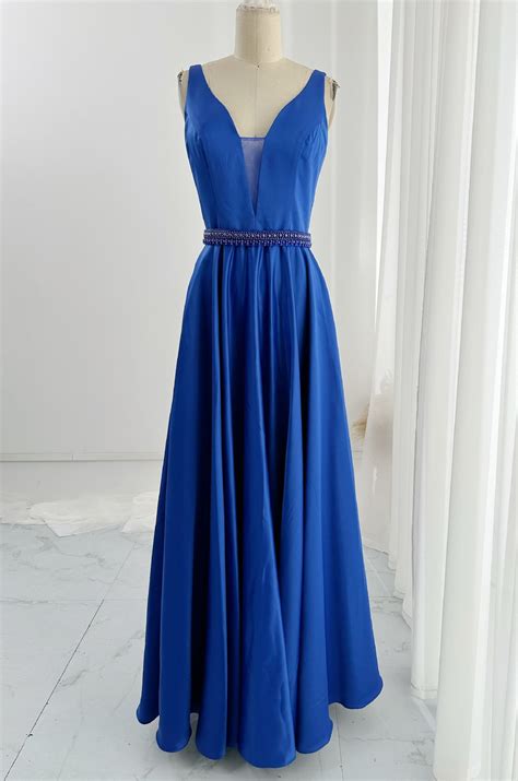 Plunging Neck Royal Blue Satin Prom Dress On Luulla