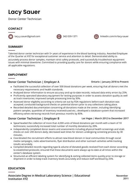 Donor Center Technician Resume Cv Example And Writing Guide