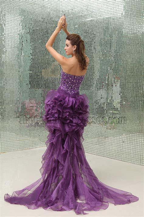 Purple Beaded High Low Strapless Prom Gown Evening Dresses