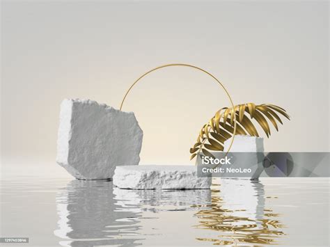 3d 렌더링 열대 잎 바위 연단 조약돌 황금 둥근 프레임과 물에 반사현대 최소한의 흰색 배경 빈 스테이지입니다 제품