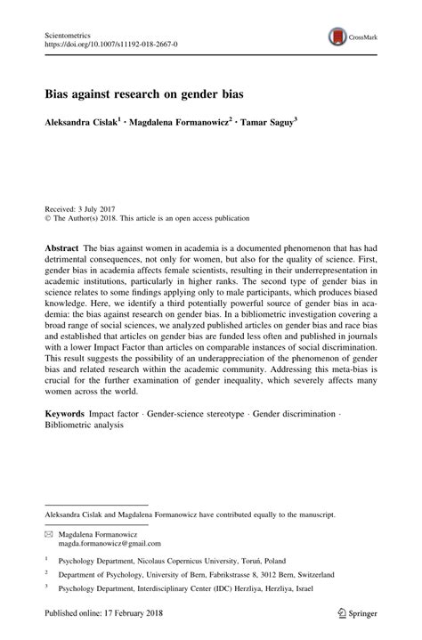 PDF Bias Against Research On Gender Bias