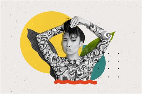 Creative Artwork Template Sketch 3d Collage Of Young Lady Model Posing Hand Hold Hair Prepare