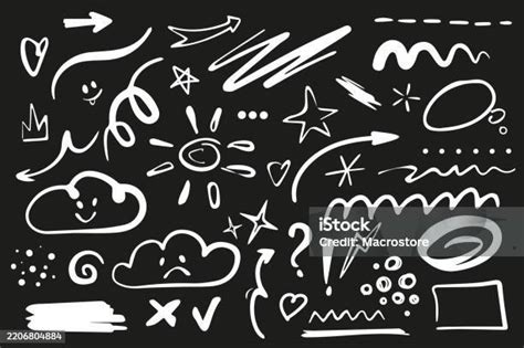 선 모양 마커는 평면 그래픽 디자인의 요소를 설정합니다 화살표 별 구름 태양 컬 원 사각형 점 진드기 심장 기타와 흰색 낙서 그림의 개체를 번들로 묶습니다 벡터 일러스트