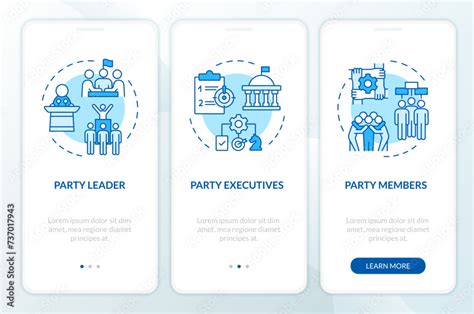 Political Party Structure Blue Onboarding Mobile App Screen Walkthrough 3 Steps Editable