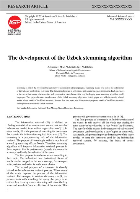 Pdf The Development Of The Uzbek Stemming Algorithm