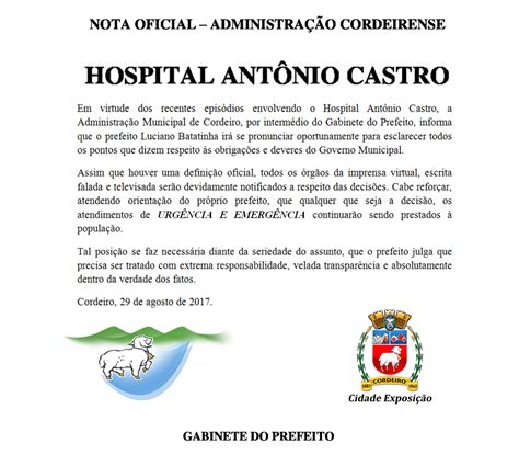 NOTA OFICIAL PRELIMINAR Prefeitura Municipal De Cordeiro