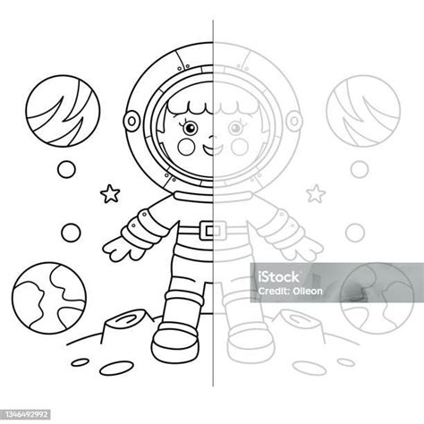 대칭적으로 그립니다 공간에서 만화 우주 비행사의 색칠 페이지 개요 작은 우주인 또는 우주 비행사 아이들을위한 색칠 공부 아이에