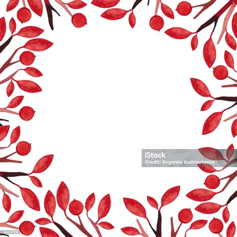 붉은 잎 가지 열매가 있는 가을 프레임 소셜 네트워크 및 인쇄물 디자인을 위한 수채화 그림 11월의 계절 장식 10월에 대한 스톡 벡터 아트 및 기타 이미지 Istock