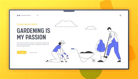 정원 웹 사이트 방문 페이지에서 일하는 농부의 행복한 커플 남자는 토양을 파고 나무의 관리 땅에 새싹을 심는 여자 취미 웹 페이지 배너 만화 플랫 벡터 일러스트 라인 아트