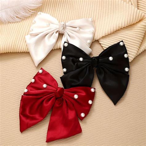 인공 진주 장식 새틴 리본 헤어 클립 빈티지 스타일 스프링 바레트 반올림을 위한 우아한 액세서리 여성과 일상 사용을 위한 2024 빈티지 스타일 헤어클립 빈티지