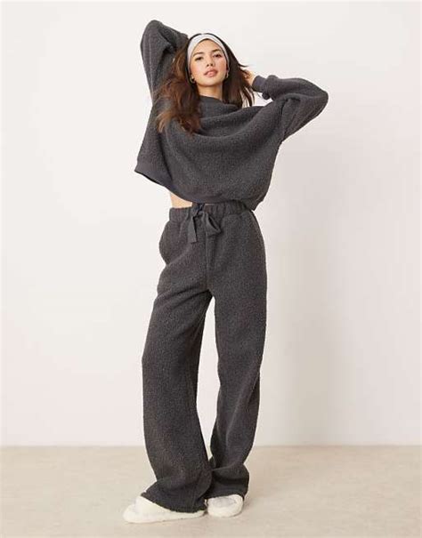 Asos Design Lounge Borg Sweat And Wide Leg Trouser Set In Grey Asos