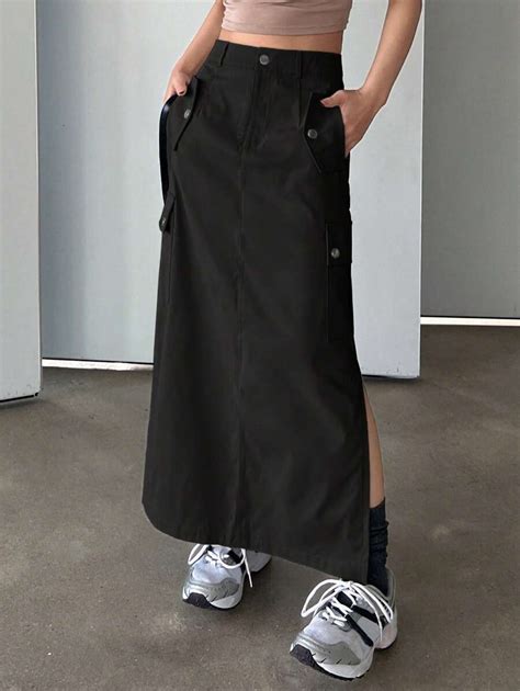 Dazy Solid Split Hem Slant Pocket Skirt Shein Usa