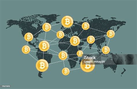 세계 네트워크와 암호화 통화 비트 코인 그림과 세계지도 플랫 디자인의 벡터 일러스트레이션 0명에 대한 스톡 벡터 아트 및 기타