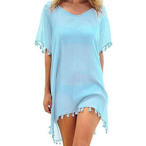Focusnorm Women Beach Dress Solid Mesh Cover Ups Beachwear Tassel