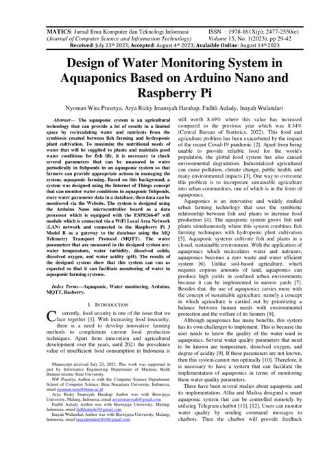 PDF Design Of Water Monitoring System In Aquaponics Based On Arduino