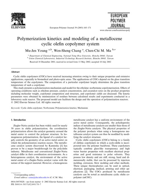 Pdf Polymerization Kinetics And Modeling Of A Metallocene Cyclic