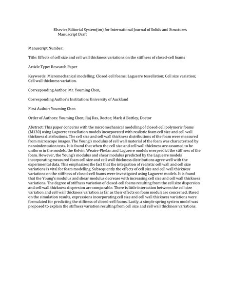 Pdf Effects Of Cell Size And Cell Wall Thickness Variations On The