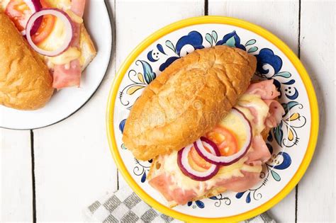Mexican Ham Sandwich With Melted Cheese Also Called Torta On White