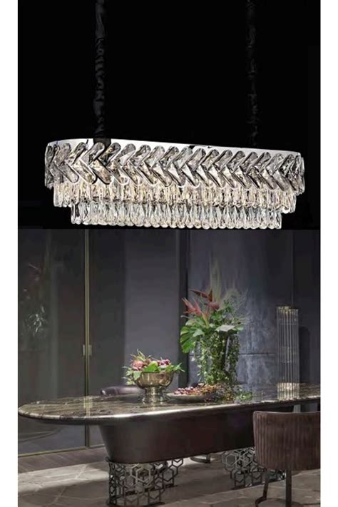 Fico Home Luxury Modern Kristal Taşlı Sarkıt Avize Krom Yemek Masası