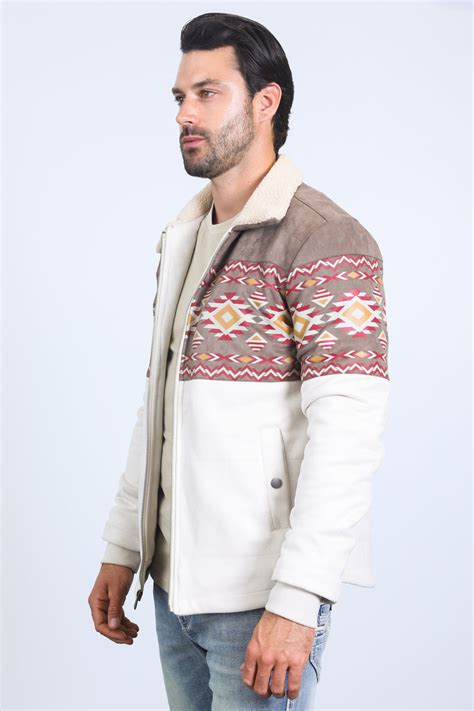 Mens Ethnic Aztec Fur Lined Quilted Suede Beige Jacket Platini Fashion