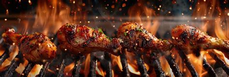 Grilled Seasoned Juicy Chicken Drumsticks Over Flame On A Barbecue
