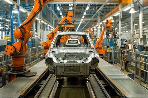 Automobile Assembly Line Production Automated Robot Arm Welding In A Car Factory Stock Image