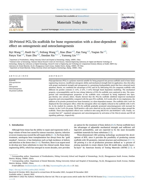 3d printed pcl zn scaffolds for bone regeneration with a dose 2022