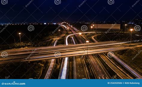 Over Road City Highway At Night Bird Eye Viwe Drone Top View Stock