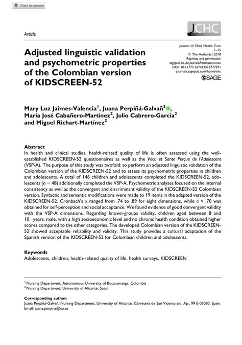 Pdf Adjusted Linguistic Validation And Psychometric Properties Of The Colombian Version Of