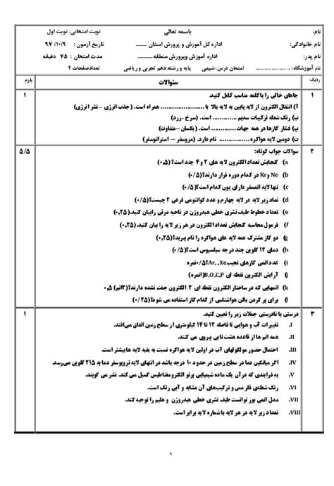 امتحان ترم اول شیمی 1 دهم تجربی و ریاضی دبیرستان امام خمینی دی 97