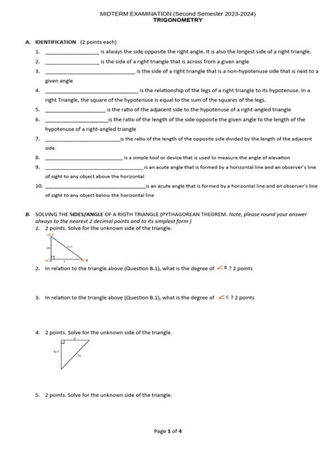 Trigonometry Exam Questionnaire Midterm Sample Pdf Triangle