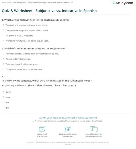 Quiz And Worksheet Subjunctive Vs Indicative In Spanish