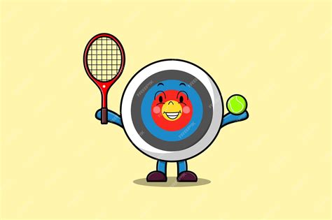 평면 만화 스타일 삽화에서 테니스 필드를 치는 귀여운 만화 양궁 대상 캐릭터 프리미엄 벡터