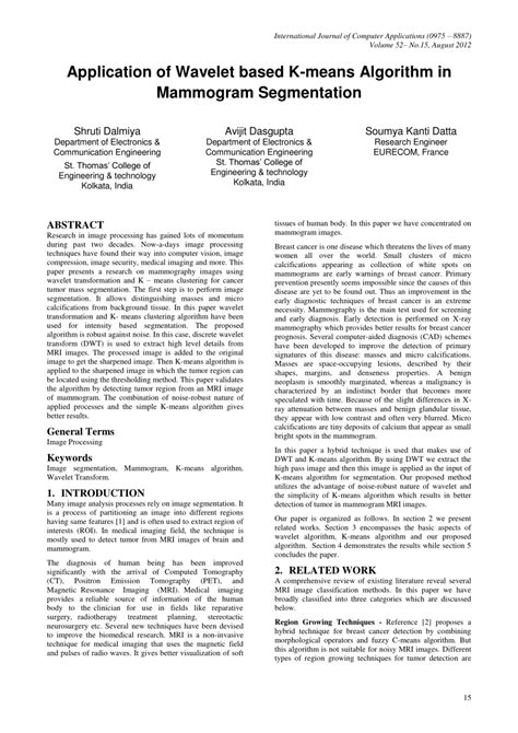 Pdf Application Of Wavelet Based K Means Algorithm In Mammogram Segmentation
