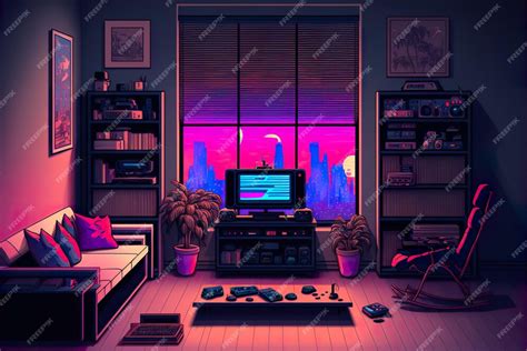 Premium Photo Synthwave Slotmachine Video Game Room