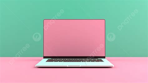 흰색 화면이 있는 분홍색 노트북 컴퓨터의 녹색 배경 모형 3d 렌더링 데스크탑 컴퓨터 Pc 모니터 노트북 키보드 배경