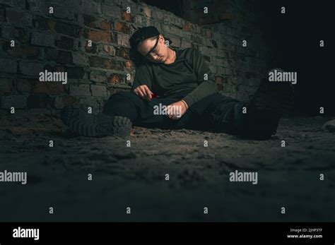 Dope Obsessed Woman Sitting With Syringe Woman Drug Addict With A
