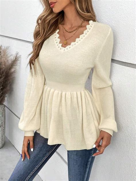 Shein Frenchy Guipure Lace Trim Lantern Sleeve Peplum Sweater Shein Usa