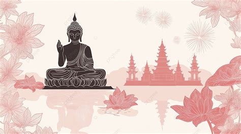 물 위에 떠 있는 연꽃으로 둘러싸인 부처님 동상을 배경으로 사원 건물의 실루엣과 하늘에서 불꽃놀이를 묘사한 그림 삽화 묘사 불상 배경 일러스트 및 사진 무료 다운로드