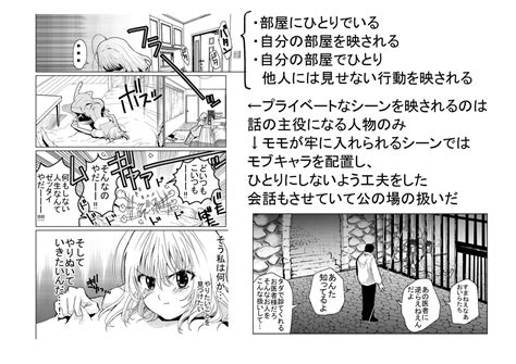 「ひとりになる、自分の部屋を映される、といった私的部分を描くのは主人公のみにしました。他のキャラはかならず二人以上で「公的」ぽーよらの漫画