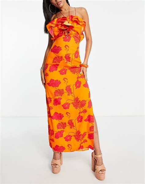 Asos Design Ruffle Lace Up Maxi Beach Dress In Floral Asos